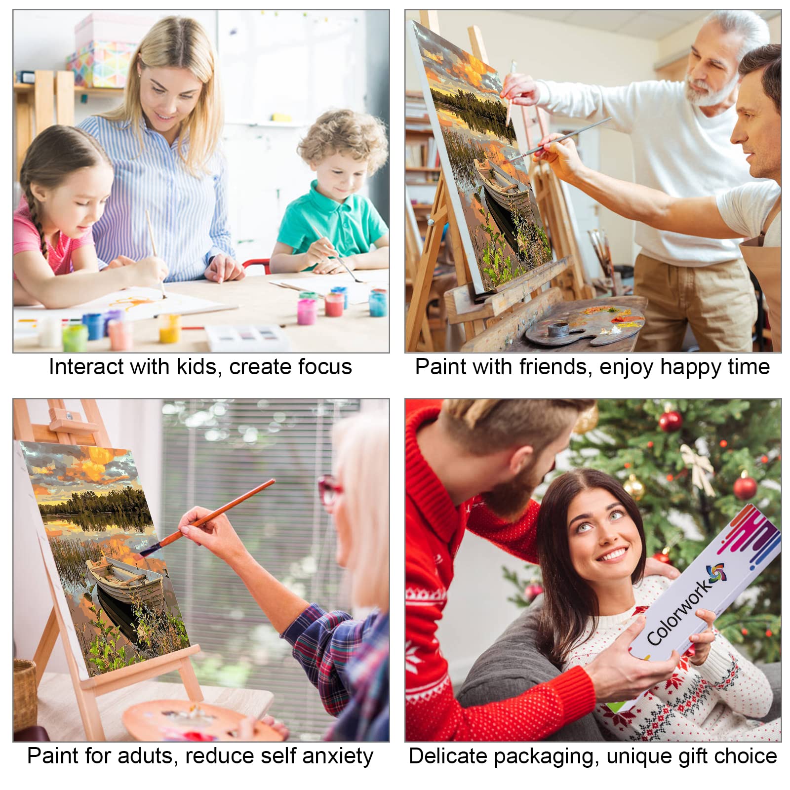 COLORWORK DIY Paint by Numbers, Canvas Oil Painting Kit for Adults, 16" W x 20" L Drawing Paintwork with Paintbrushes, Acrylic Pigment-Lakeside Boat