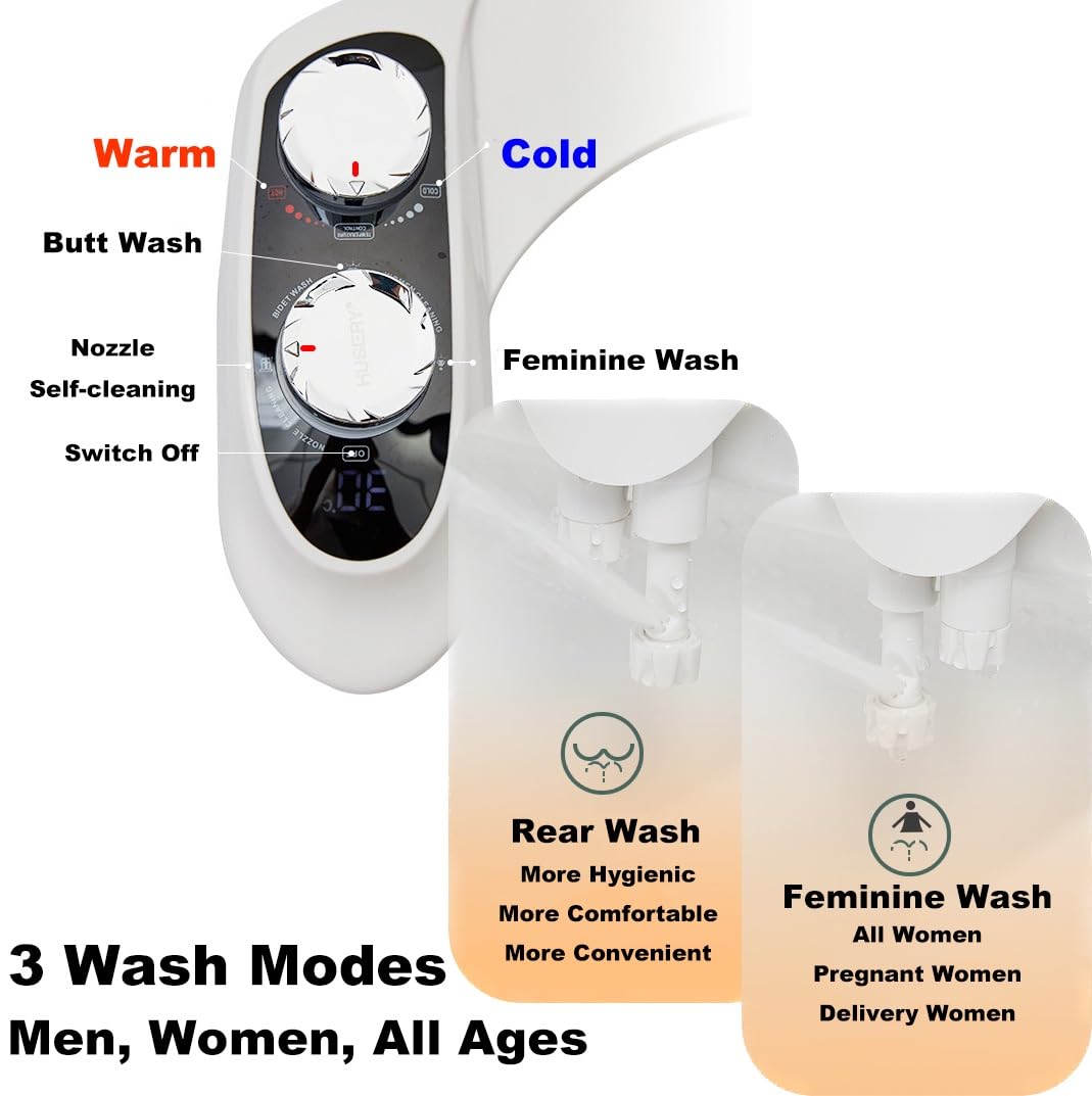 Generic Toilet Bidet Attachment, Toilet Seat Warm Water Bidet Attachment, Adjustable Temperature, Digital Display, 2x Retractable Self Cleaning Nozzles, Cold Warm Water Battery Operated, White
