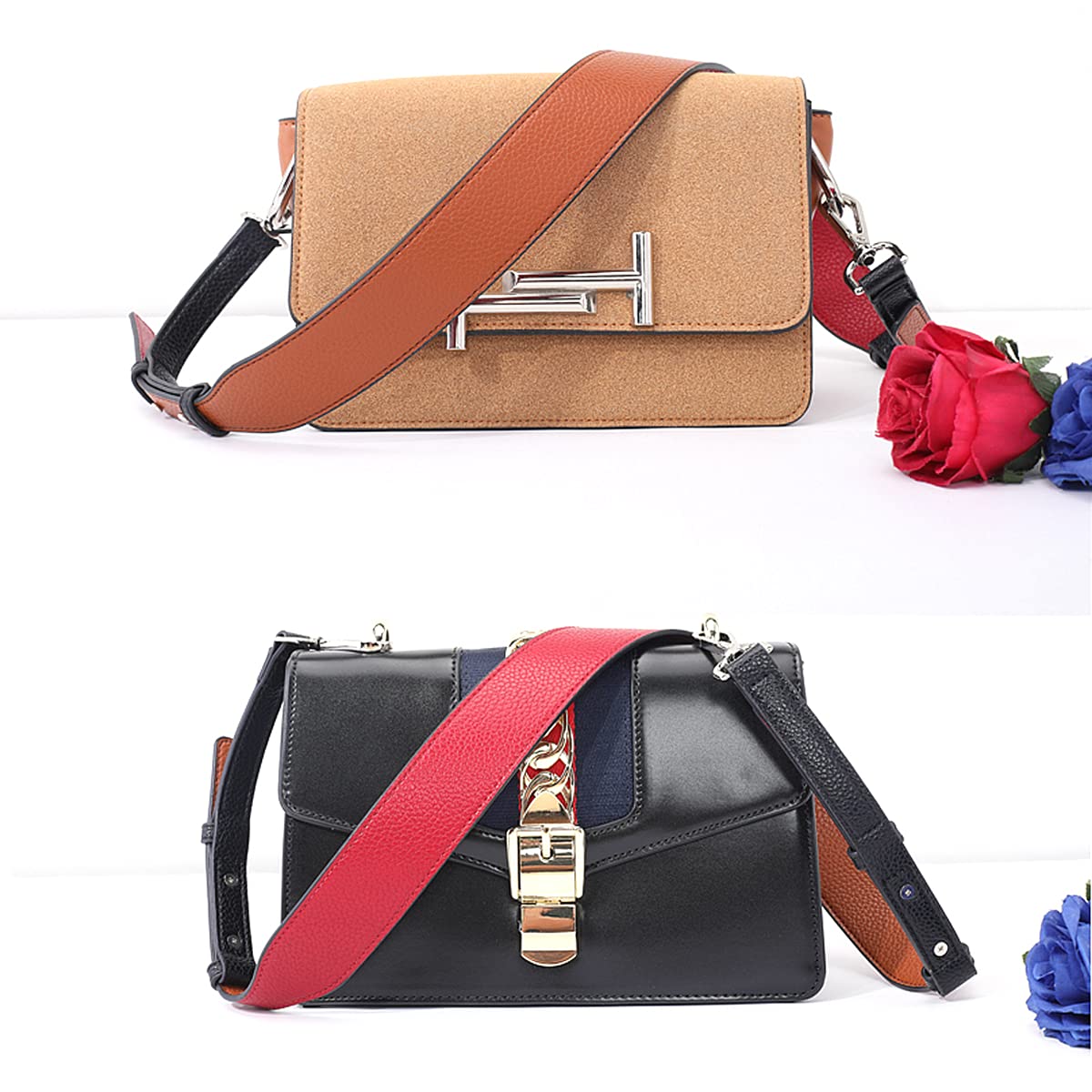 Wide Adjustable Purse Strap Replacement Crossbody Handbag Stripe Adjustable Leather Crossbody Straps Replacement - Width 1.5“, Length 28”-49” (Black B)