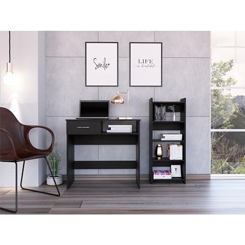 Classic Home Office with Single Drawer and Keyboard Tray Four Spacious Shelves Particle Board Computer Desk Black Rectangular Glossy