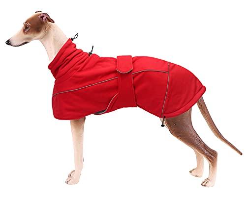 Greyhound Lurcher Winter Coat, Whippet Warm Coat with Fleece, Water Resistant Dog Jacket with Adjustable Bands and Zipper Harness Hole - Red - XSmall