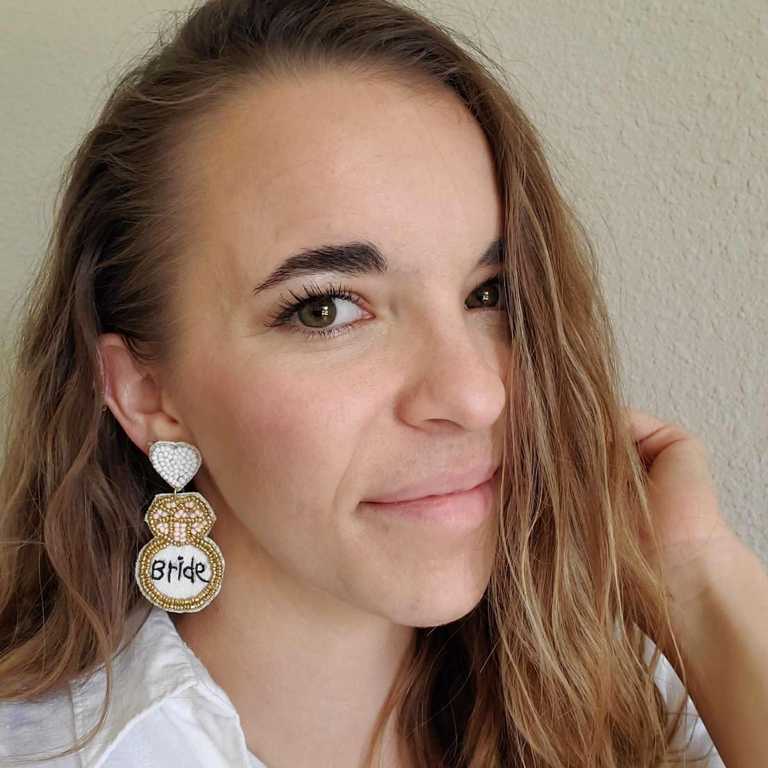 Diamond Ring Bride Earrings, Seed Bead Bride Earrings Bachelorette, Beaded Diamond Ring Bride Earrings, Wedding Accessories for Brides, Bride Bachelorette Accessories (Bride - White)
