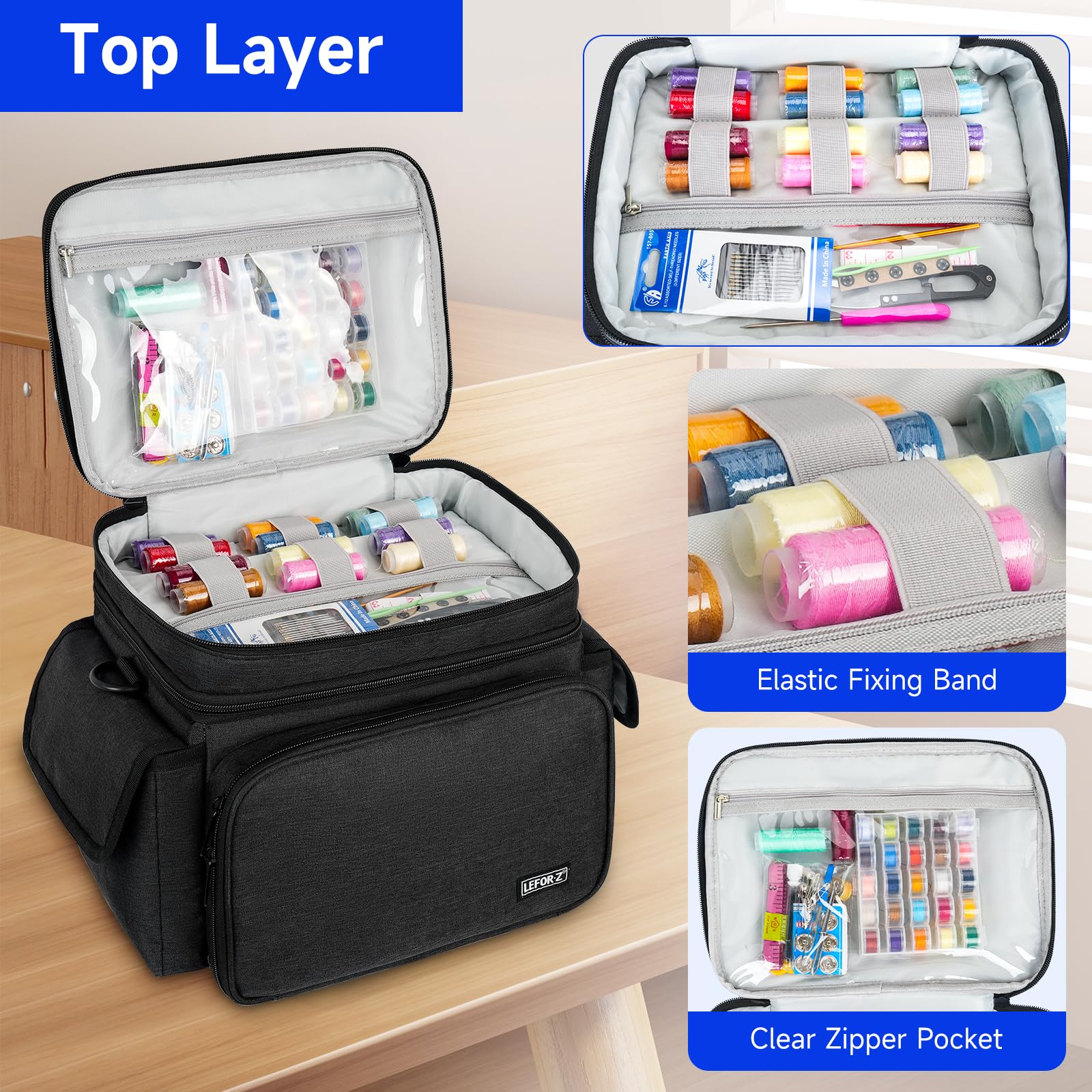 LEFOR·Z Sewing Supplies Organizer,Double-Layer Sewing Accessories Storage Bag,Protable Travel Sewing Box Sewing Basket for Sewing Tools,Black(Bag Only)