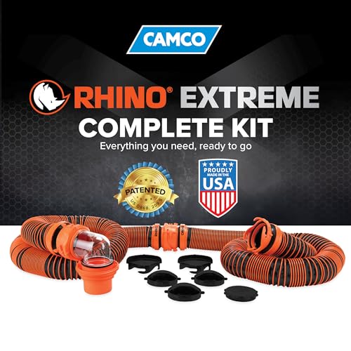 ﻿Camco RhinoEXTREME 20-Foot Camper / RV Sewer Hose Kit - Premium Sewer Kit - Pre-Assembled & Ready-to-Use - Includes 4-in 1 Dump Station Adapter & Storage Caps - Crush & Abrasion Resistant (21012)