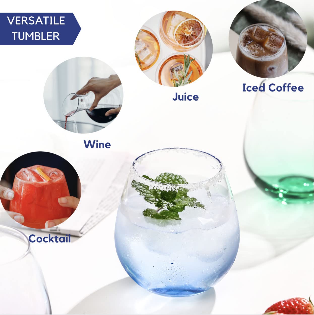 ColoVie Stemless Martini Glasses Set of 6 and Colored Stemless Wine Glasses Set of 6, Colorful Glassware, Drinking Glasses Set, Large Stemless, Red Wine, White Wine