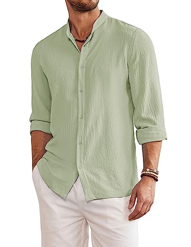 COOFANDY Men's Casual Beach Shirts Linen Shirt Men Long Sleeve Button Down Shirt Mandarin Collar Light Green