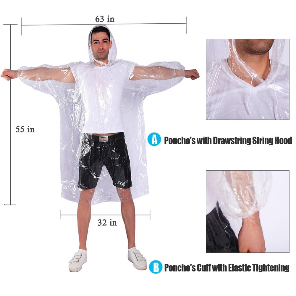 COOY Rain Ponchos,with Drawstring Hood (10 Pack) Emergency Disposable Rain Ponchos Family Pack for Adults,Clear…