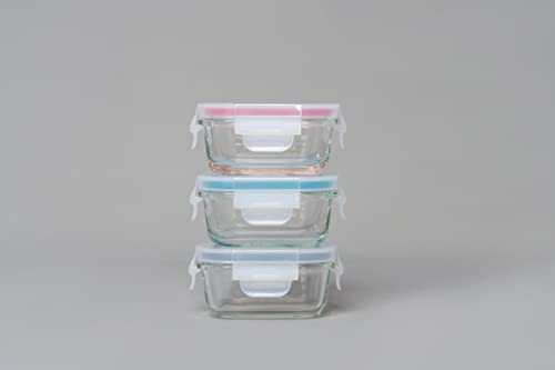 GENICOOK Borosilicate Glass Small Baby-Size Meal and Food Storage Containers, Rectangular Shape - 6 pc Set (3 Containers - 3 Matching Lids)