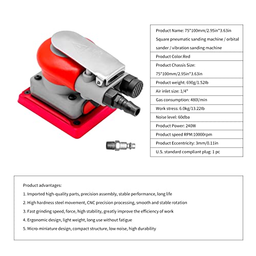 DATOUBOSS Pneumatic Palm Sander Square Air Random Orbital Sander for Car Waxing,Auto Body Work, Wood working Car Polisher Sets with Sanding Pad and 15 Pcs Sandpapers