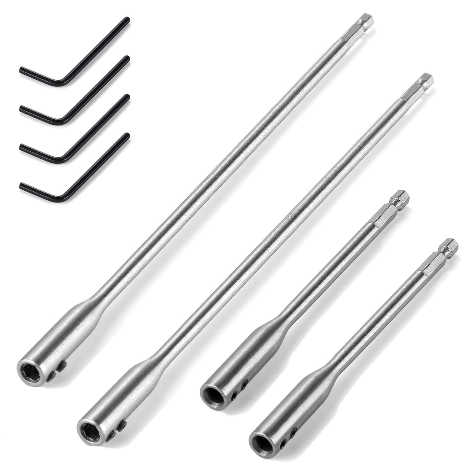 Drill Bit Extension Set,1/4 Extension Drill Bit Set Wood Spade Drill Bit Extension,6 in. and 12 in. Lengths for Extended Reach in Tight Spaces (Silver-4pieces)