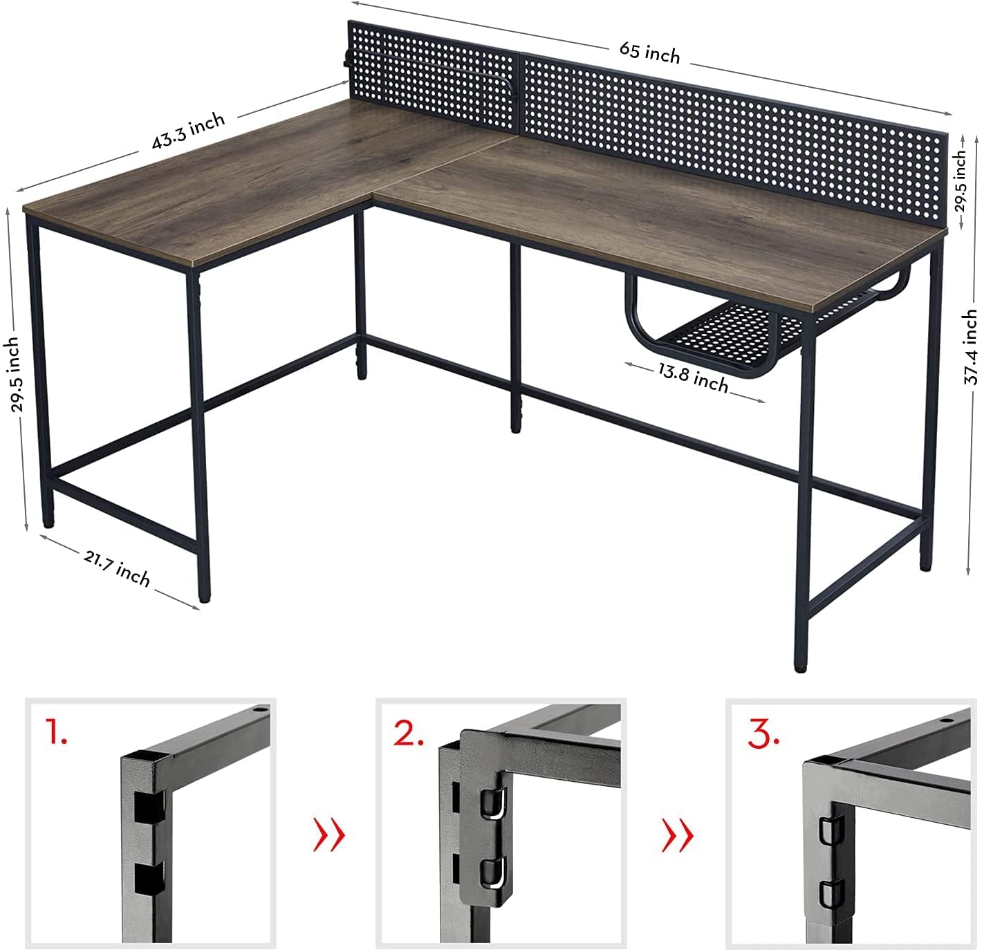 WOHOMO L Shaped Desk 65 Inch No Screw Quick Lock Computer Desk with Storage Basket Gaming Corner Writing Workstation Table with Shelf for Home Office Easy to Assemble, Walnut