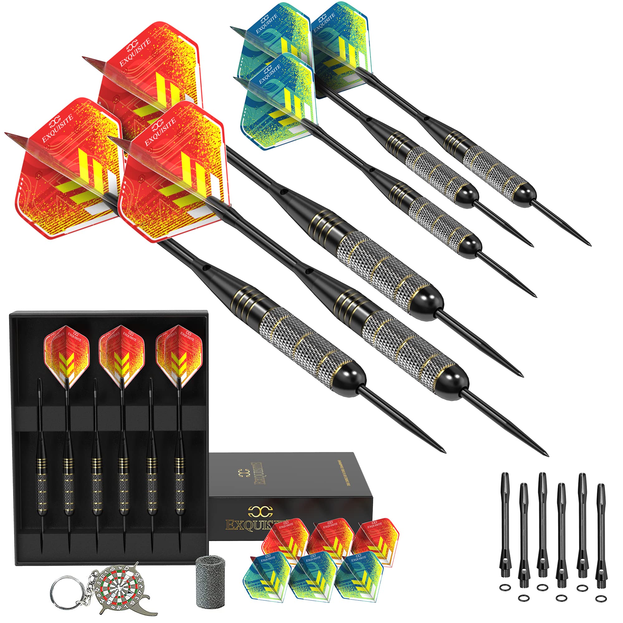 CC-Exquisite Professional Steel Tip Darts Set - 6 x 22g Brass Barrels with 12 Flights Standard/Slim, 12 Aluminum Shafts 35/48mm, 12 O-Rings, Dart Tool (Black - Luminary 18g/22)