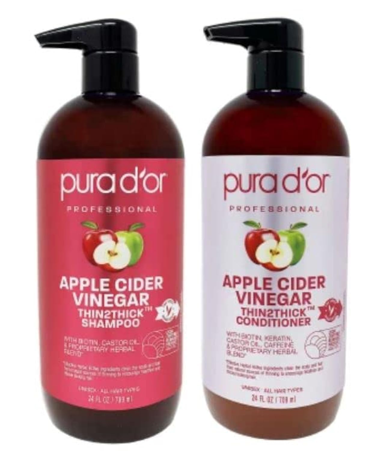 PURA D'OR Apple Cider Vinegar Thin2Thick Set Shampoo Conditioner for Regrowth, Hair Loss, Clarifying, Detox (2x 24oz) Biotin, Keratin, Caffeine, Castor Oil, All Hair Types, Men/Women, Packaging varies