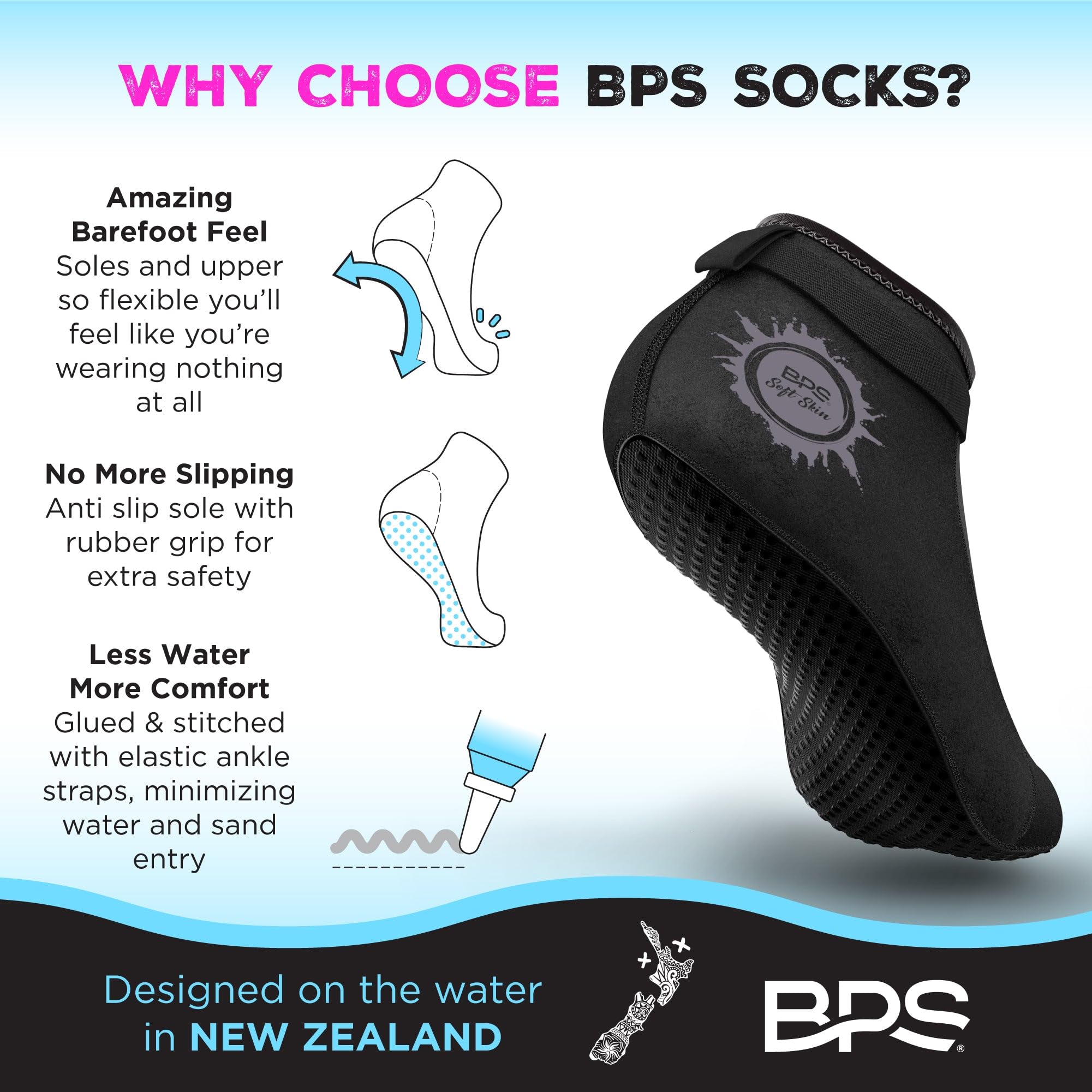 BPS - 'SOFT SKIN' Neoprene Water Socks (Low Cut) - Black w/Lilac Grey Logo - L