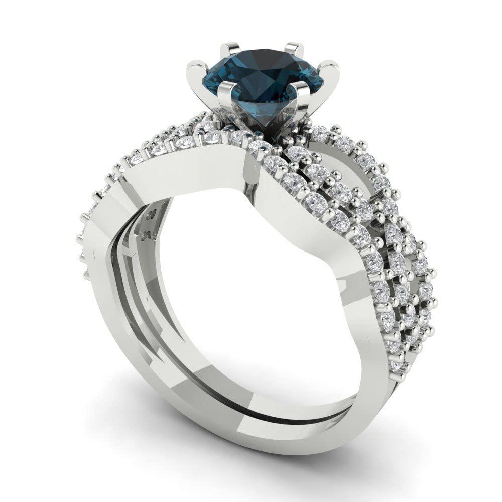 Clara Pucci 1.65ct Round Cut Laser Engraving Halo Natural London Blue Topaz Designer Statement Curved Ring Band Set 18K White Gold Size 4