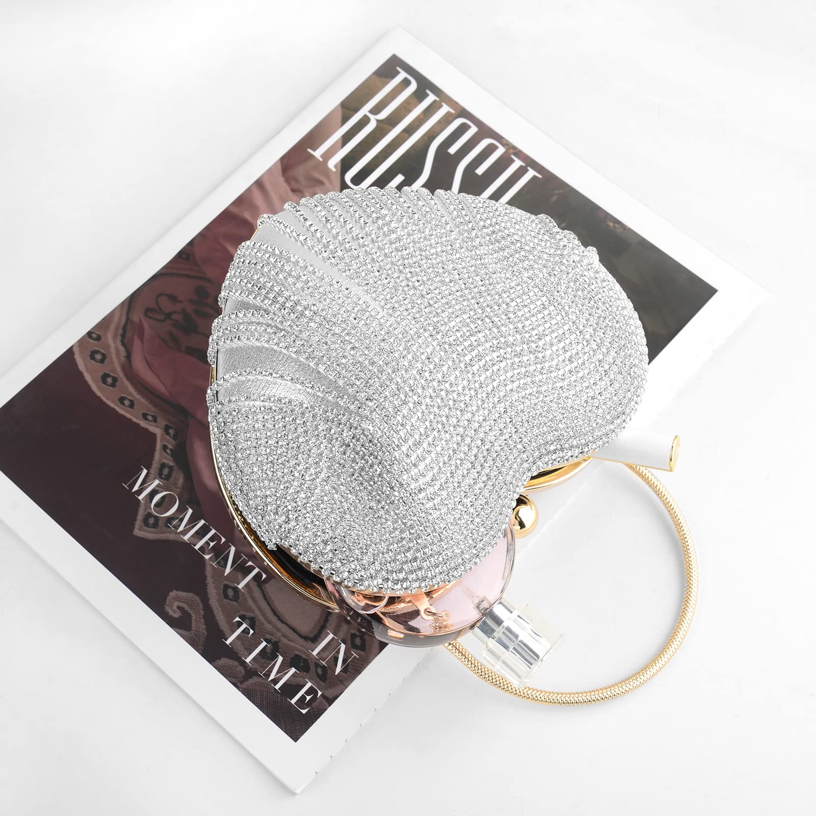 Women Heart Shape Crystal Tassel Evening Clutch Bag, Single-Sided Rhinestones Lady Party Wedding Crossbody Shoulder Ring Handle Handbag (Not Compatible with Phone) (Silver)