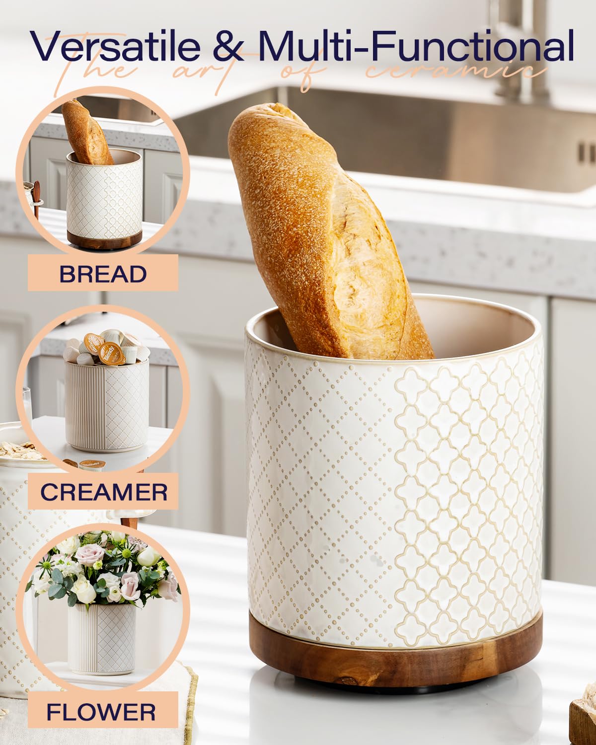 getstar 360° Rotating Kitchen Utensil Holder, Large Ceramic Cooking Utensil Holder for Kitchen Counter with Rotatable and Detachable Wooden Base