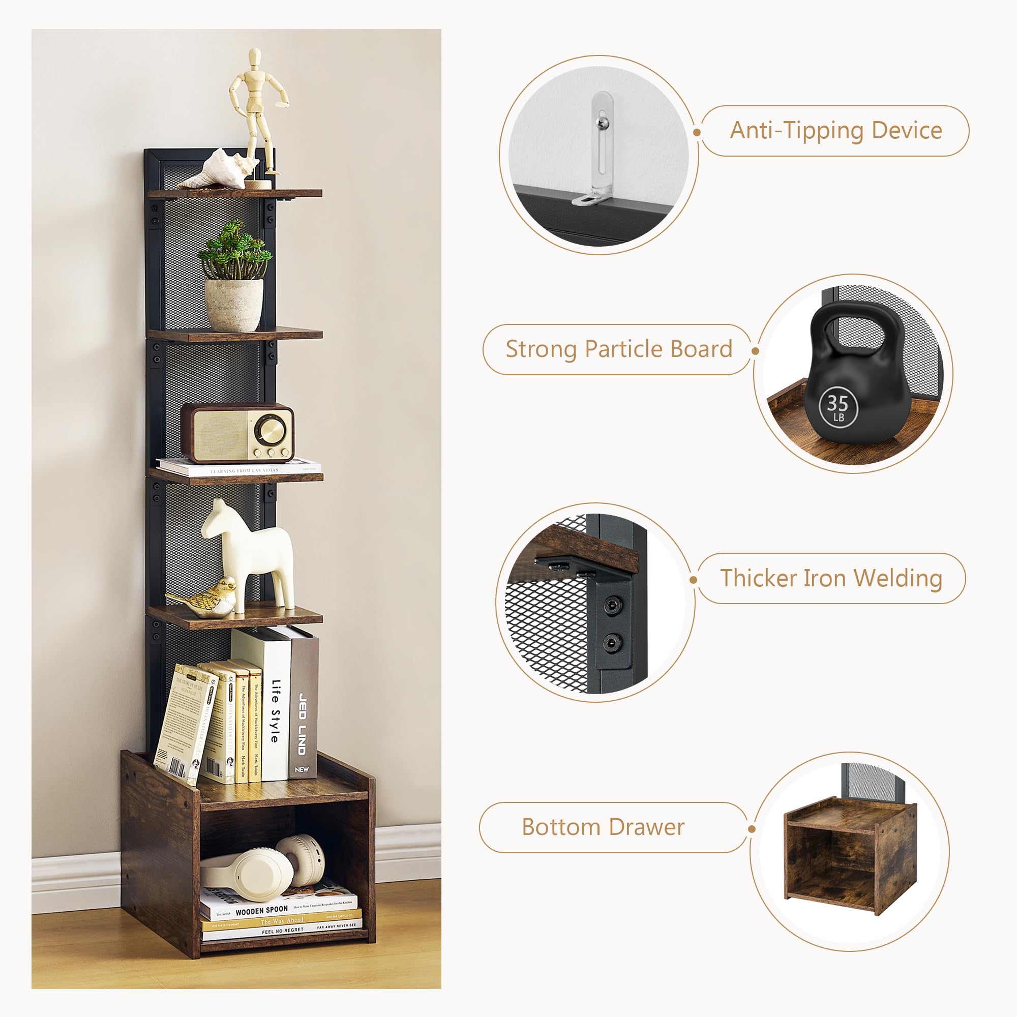 Gewudraw Bookshelf, Spine Display Shelf, Tall Thin Bookcase with 6 Storage Shelves, Narrow Storage Rack Shelving Unit with Drawer, Steel Frame, Rustic Brown and Black