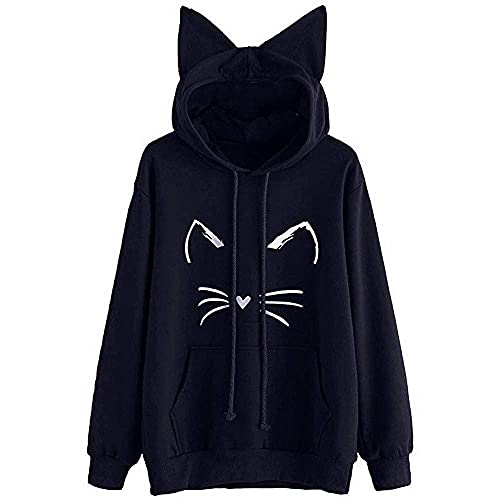 Women Teen Girls Cat Hoodie Sweatshirt Sweater Coats Cute Cat Ear Sleeping Cat Printed Pullover Long Sleeve Sweatshirt