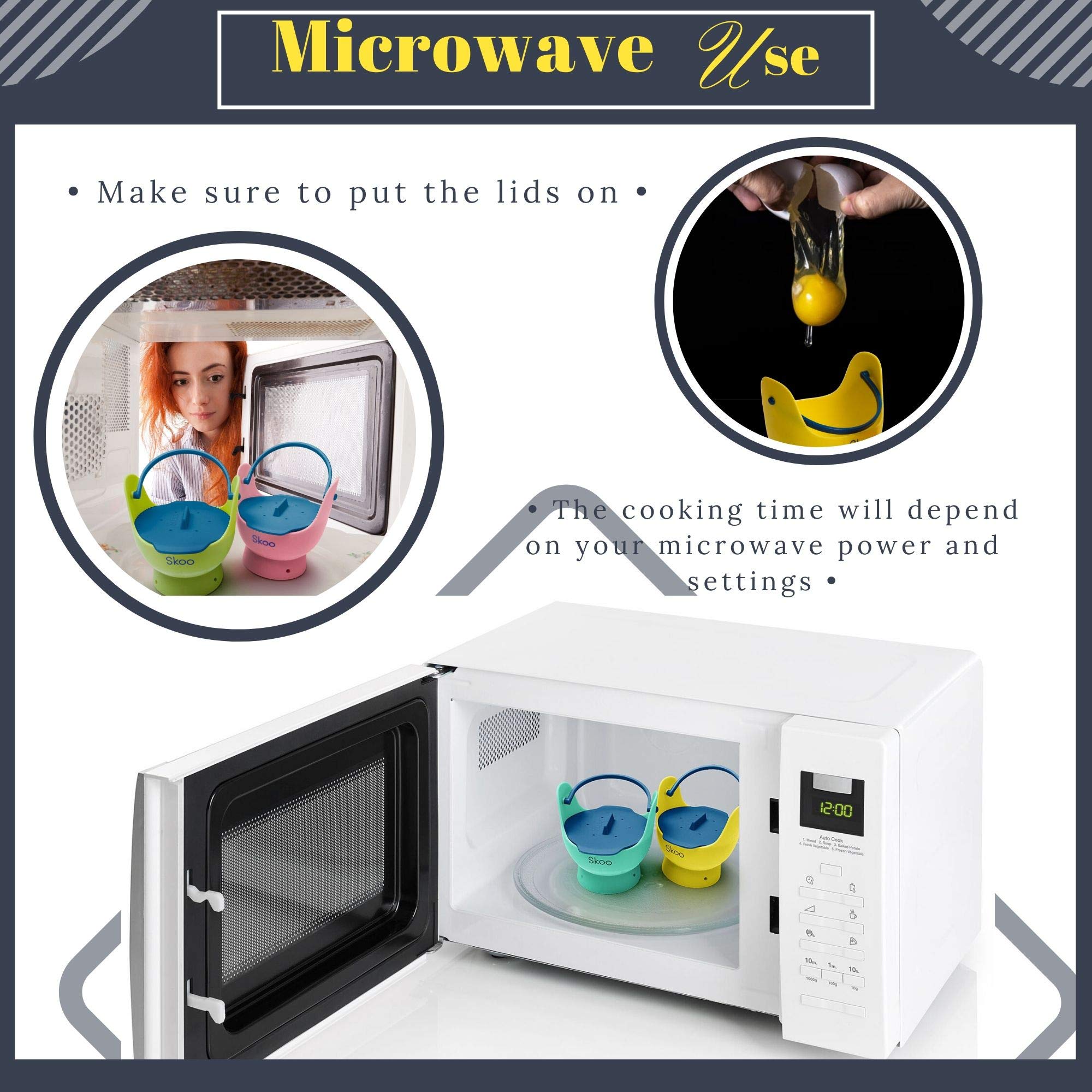 Egg Poacher - Skoo Silicone Egg Poaching Cups + Lids + Ebook - Egg Cooker Set - Perfect Poached Egg Maker - For Stove Top, Microwave and Instant Pot (Green, Red, Yellow, Turquoise, Dark Blue)