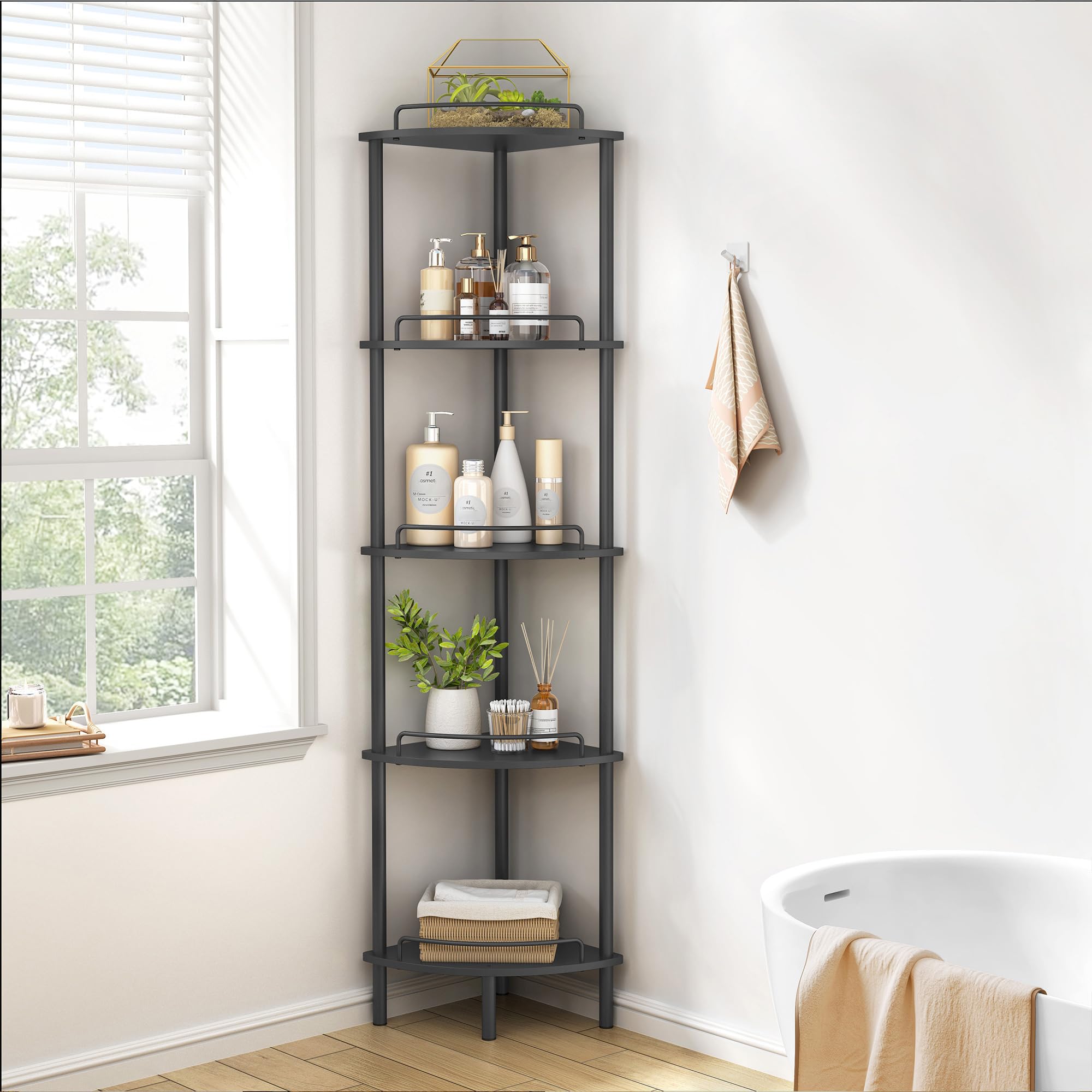 Gewudraw Corner Shelf Stand, 5 Tier Corner Bookshelf with Guardrail, Tall Corner Bathroom Shelves Black Corner Shelving Unit for Bedroom, Bathroom, Small Space-Black
