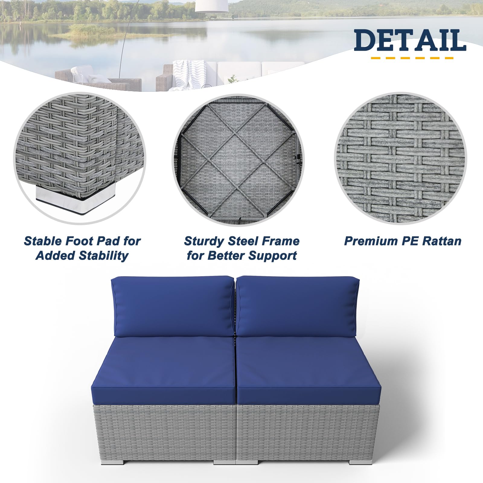 EAGLE PEAK 2 Piece Outdoor Armless Wicker Sofa Set, Outdoor Patio Armless Chairs with Removable Cushions, Sectional Wicker Loveseat, Dark Blue