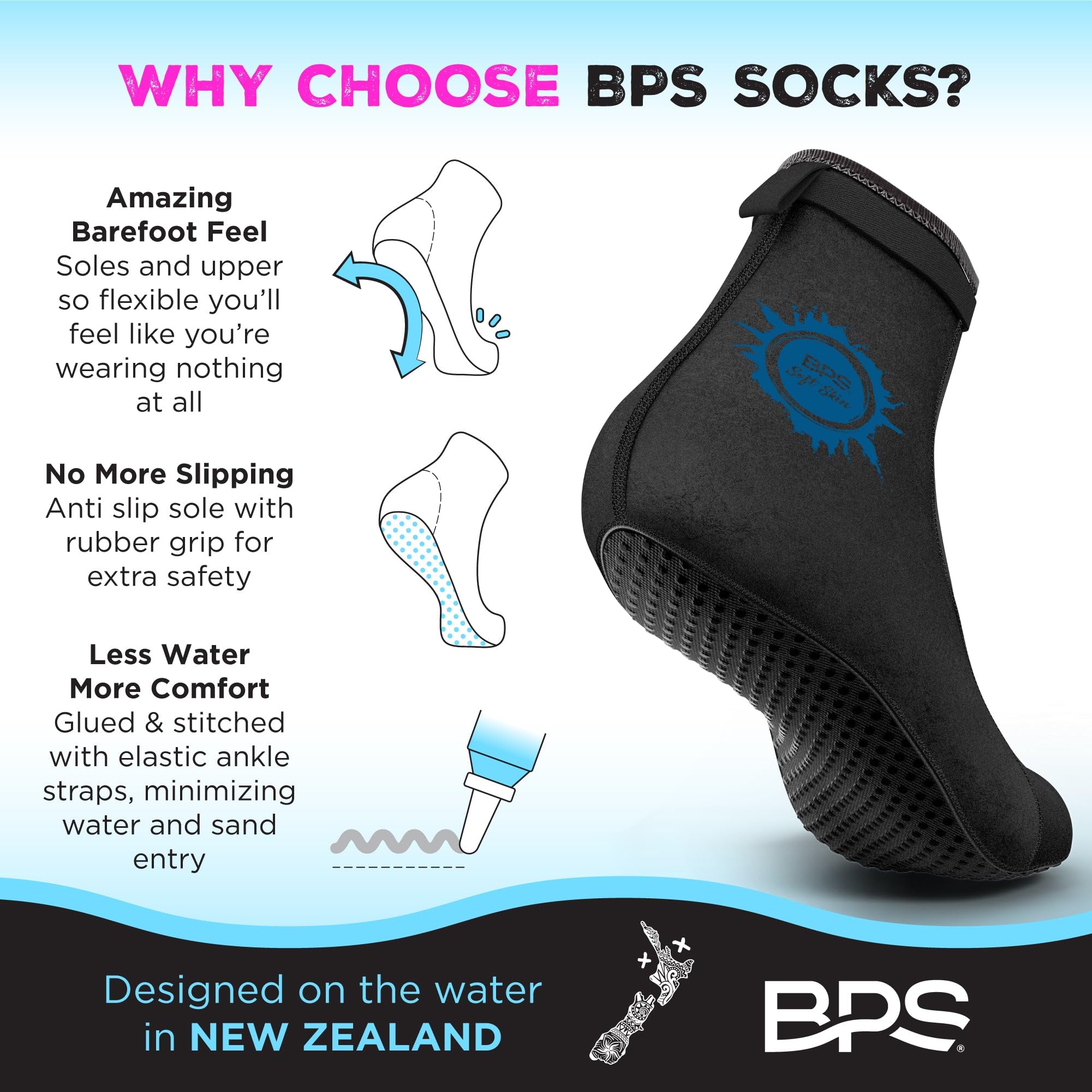 BPS Soft Skin Neoprene Water Socks (High Cut, Black with Snorkel Blue Logo, M)