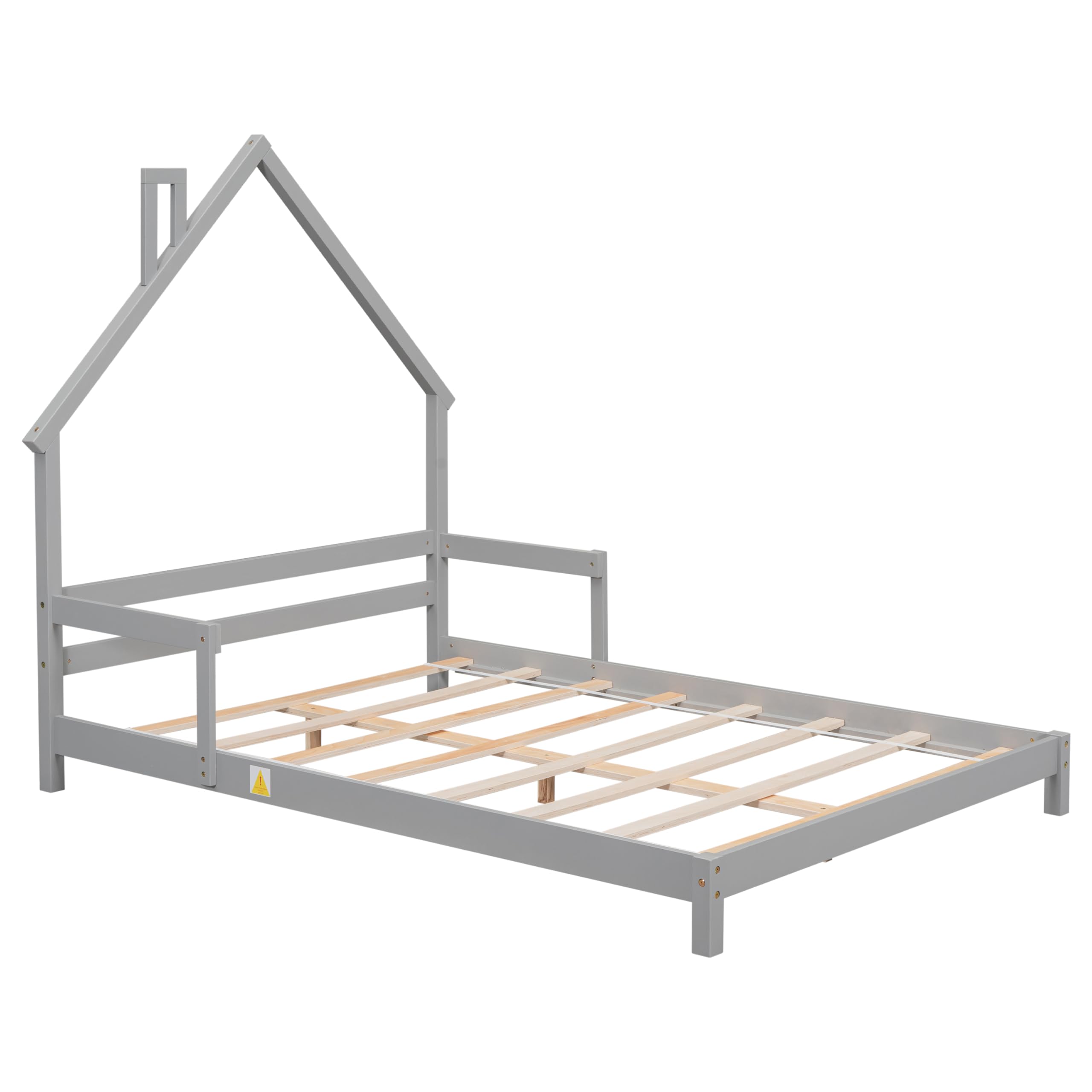 Floor Bed for Kids, Full Size Montessori Bed with House Shape Headboard, Wood House Bed with Slats for Boys Girls, Low Platform Bed, No Box Spring Needed, Gray