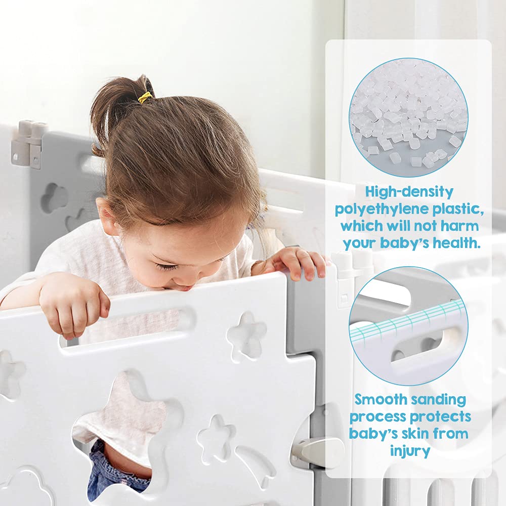 Dripex Baby Playpen, Foldable Playpen for Babies and Toddlers, Adjustable Shape Baby Fence, Safety Play Yard with Gate, Portable Play Area for Indoor or Outdoor (Grey+White,18 Panel)
