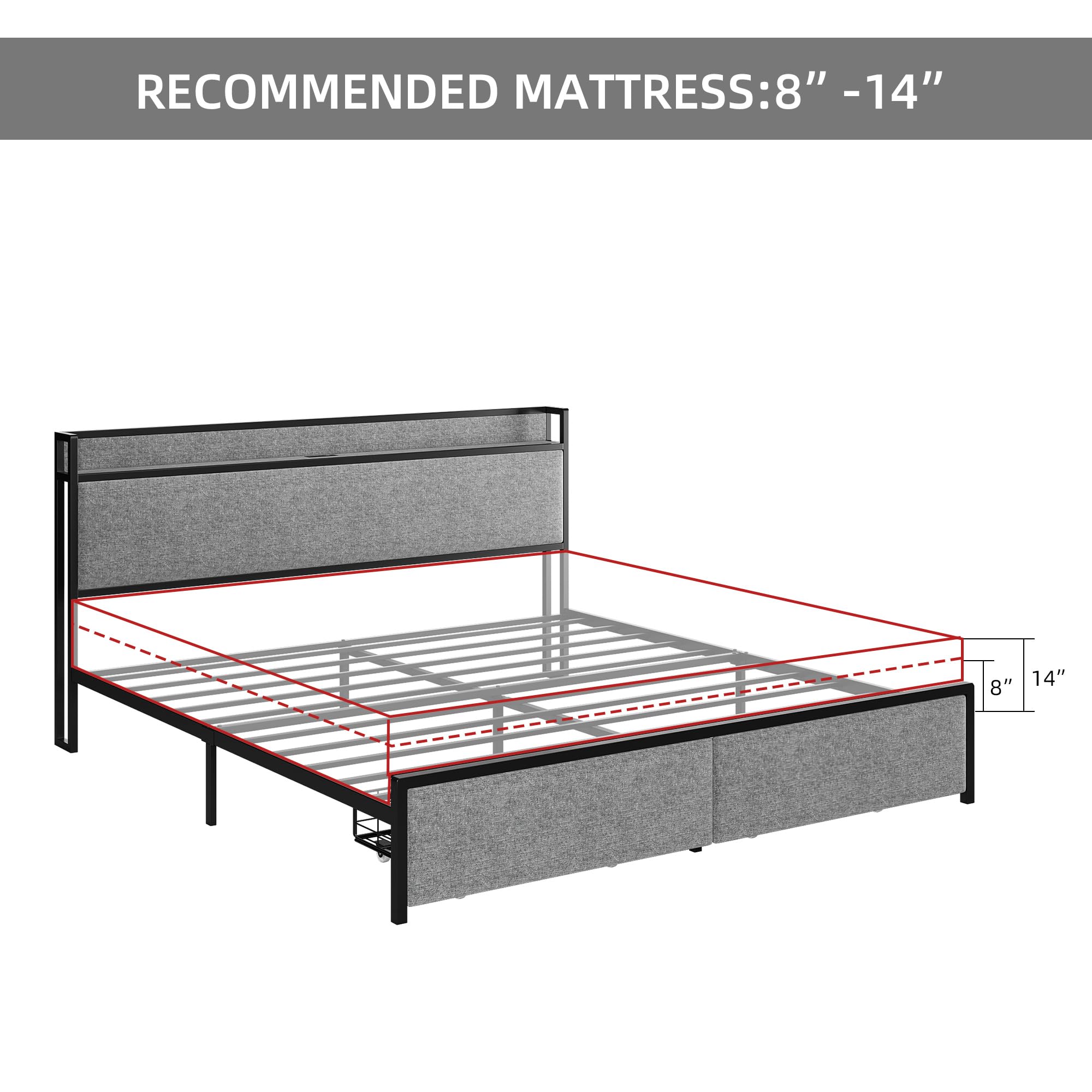 GarveeHome Full Size Bed Frame with 2 Drawers and Shelf Headboard, Charging Station with USB Port & Outlets, Upholstered Heavy Duty Platform Bed with Storage, No Box Spring Needed, Light Grey