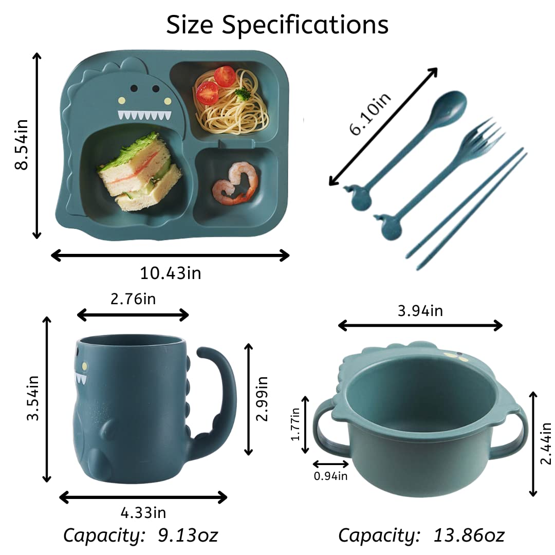 Dinosaur Unbreakable, Microwavable & Dishwasher Safe Wheat Straw BPA-Free & Non-Toxin Training Tableware Dinner Set Suitable for Infants, Toddlers and Kids (Green) (6 Piece Set)
