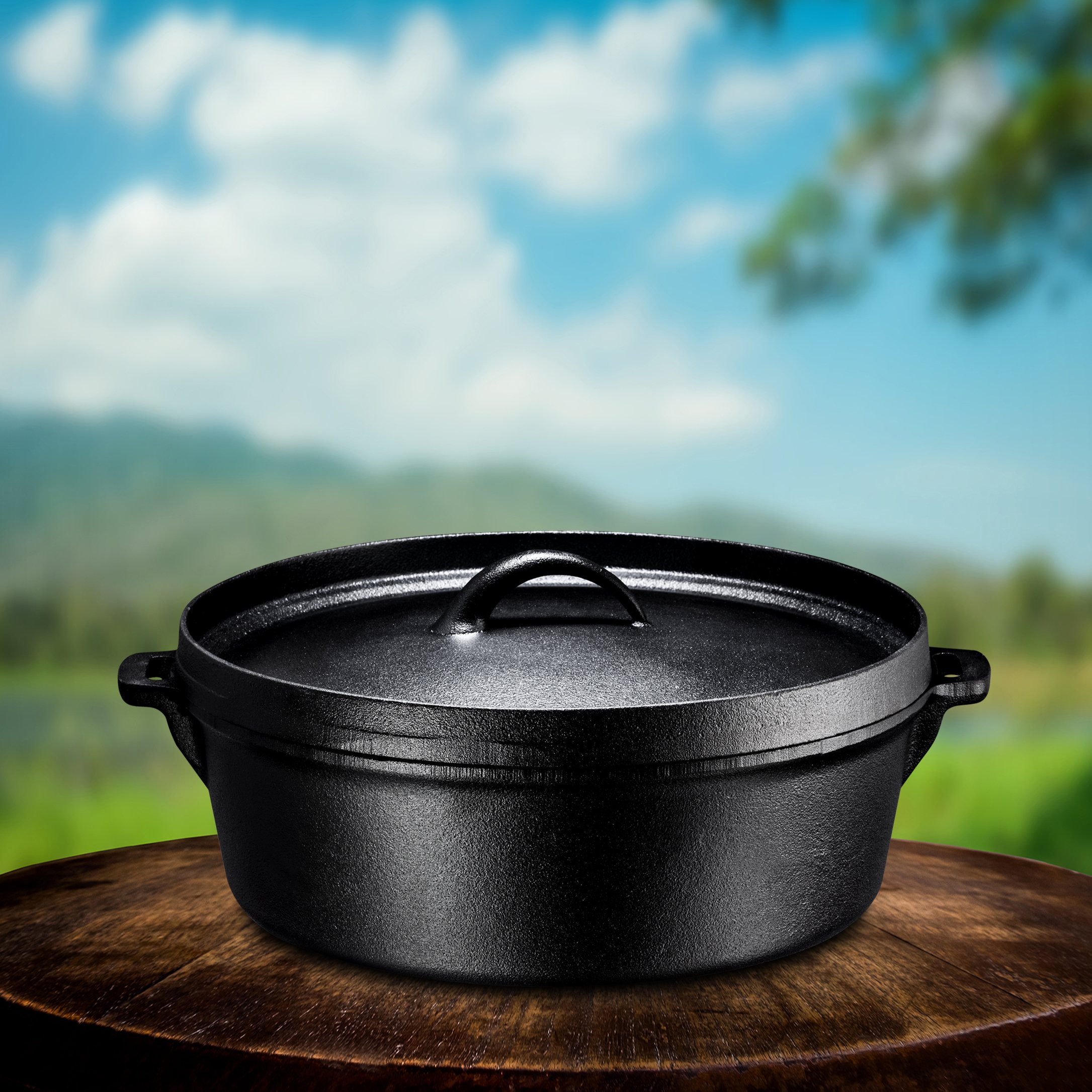Bruntmor Pre-Seasoned Cast Iron Dutch Oven with Flanged Lid Iron Cover, for Campfire or Fireplace Cooking Pre-Seasoned Camping Cookware Flat Bottom 6 Quart- Black