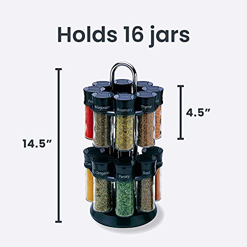 Olde Thompson Chrome- Plated Rotating Spice Rack, 16 Refillable Spice Jars With Shaker Tops And Labeled Lids For Frequently Used Spices