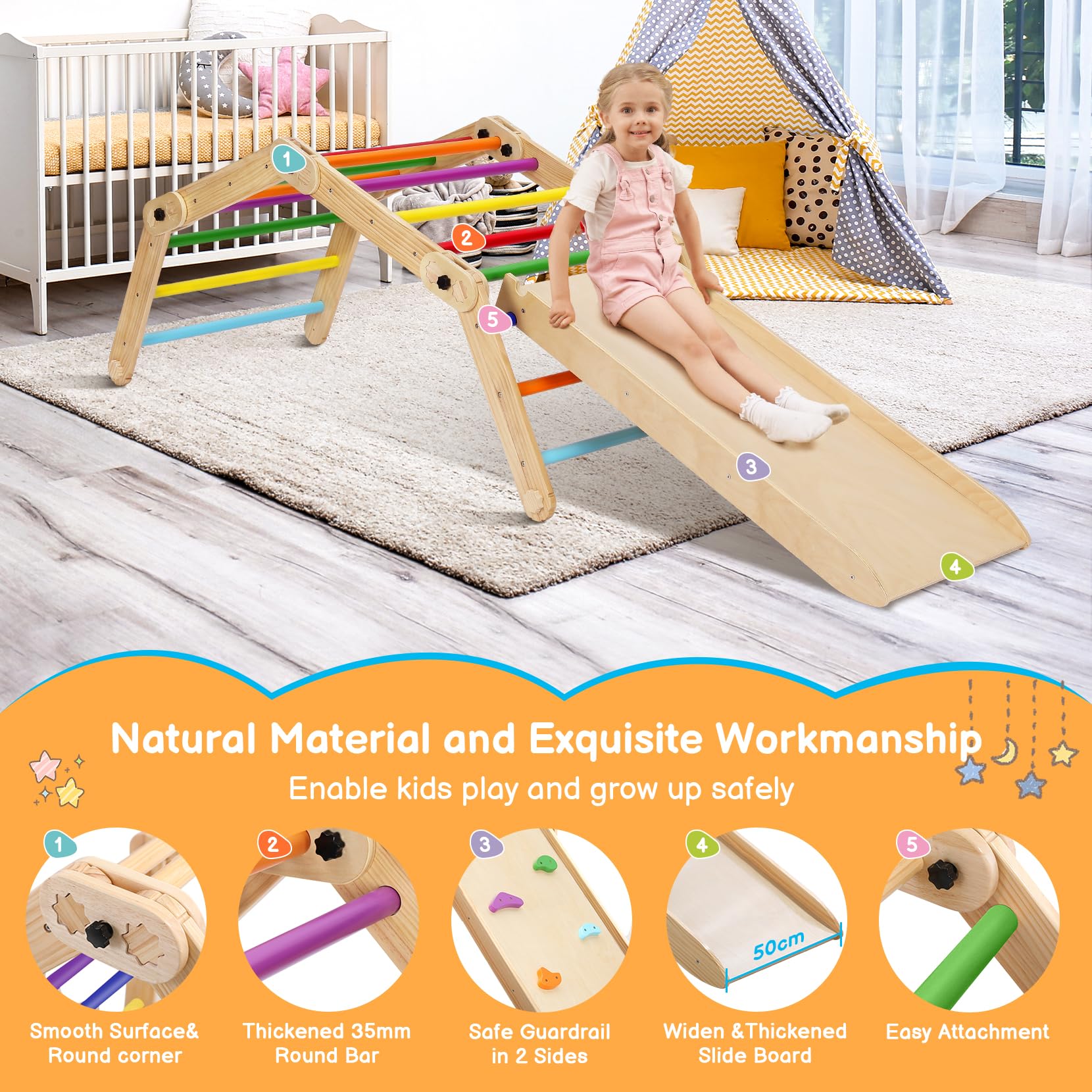 Dripex Pikler Triangle Set, Foldable 20-in-1 Climbing Triangle with Thickened 2-in-1 Ramp, Montessori Wooden Indoor Playground and Gym for Toddlers(Colorful)