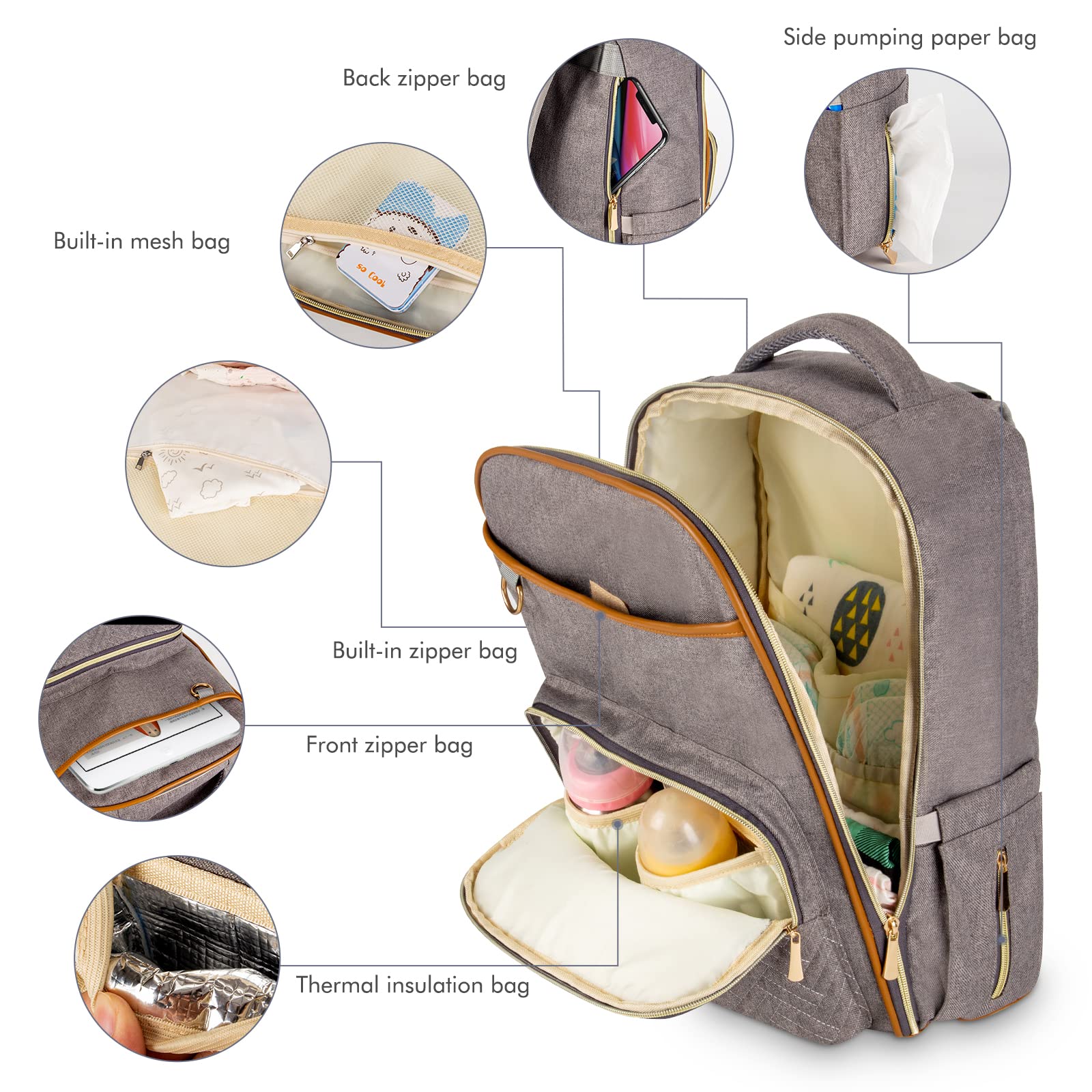 Diaper Bag Backpack Baby Girl Boy Diaper Bag Maternity Nappy Diaper Backpack Waterproof Diaper Bags with Large Capacity Bottle insulation for Mom Dad(Grey)