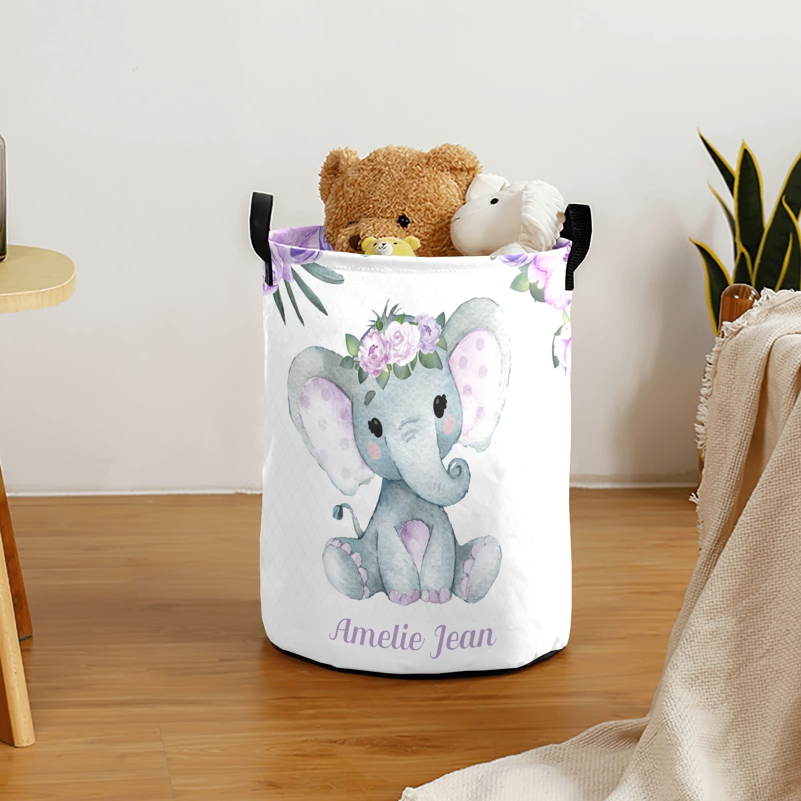 Purple Elephant Girl Rose Storage Bin, Waterproof Oxford Fabric Clothes Basket Organizer for Laundry Hamper,Toy Bins,Gift Baskets, Bedroom, Clothes,Baby Nursery
