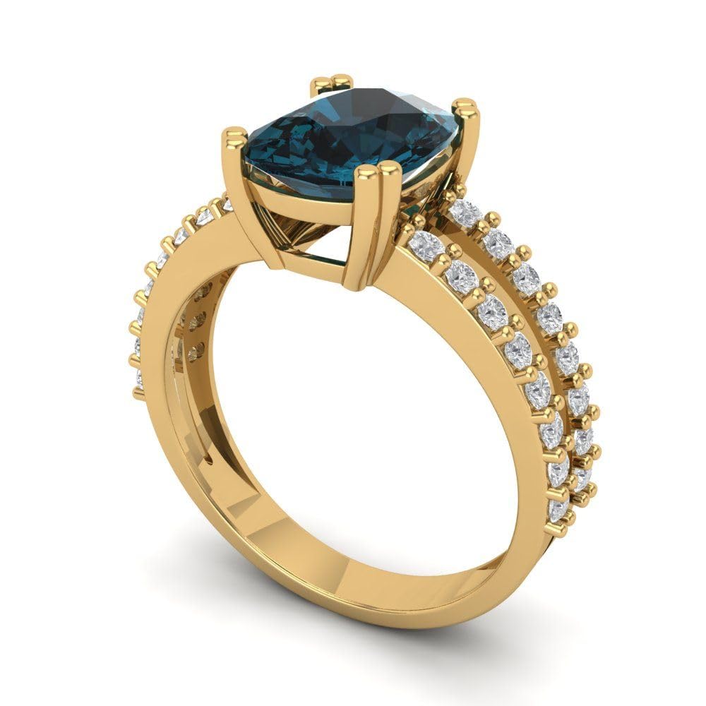 Clara Pucci 3.5ct Cushion Cut Custom Engraving London Blue Topaz Engagement Wedding Solitaire W/Accent Ring 18K Yellow Gold Size 6.5