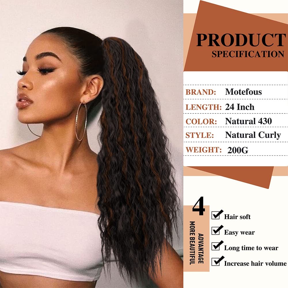 MOTEFOUS Long Wavy Drawstring Ponytail Extension Synthetic Natural Black Curly Wavy Ponytail Hairpieces for Women 24 INCH Wavy Drawstring Ponytail for Black Women (1B)