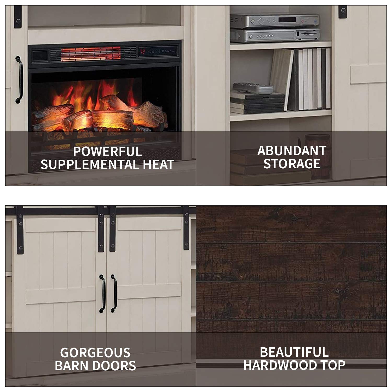 ClassicFlame Hogan 66" Farmhouse Fireplace TV Stand & 26" Electric Infrared Firebox with Log Set - Weathered White, 26MM90273-W476 & 26II042FGL