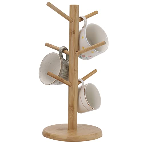 olelo Bamboo Mug Holder Stand,Countertop Coffee Mug Tree with 6 Hooks,Mug Rack & Tea Cup Organizer (Round)