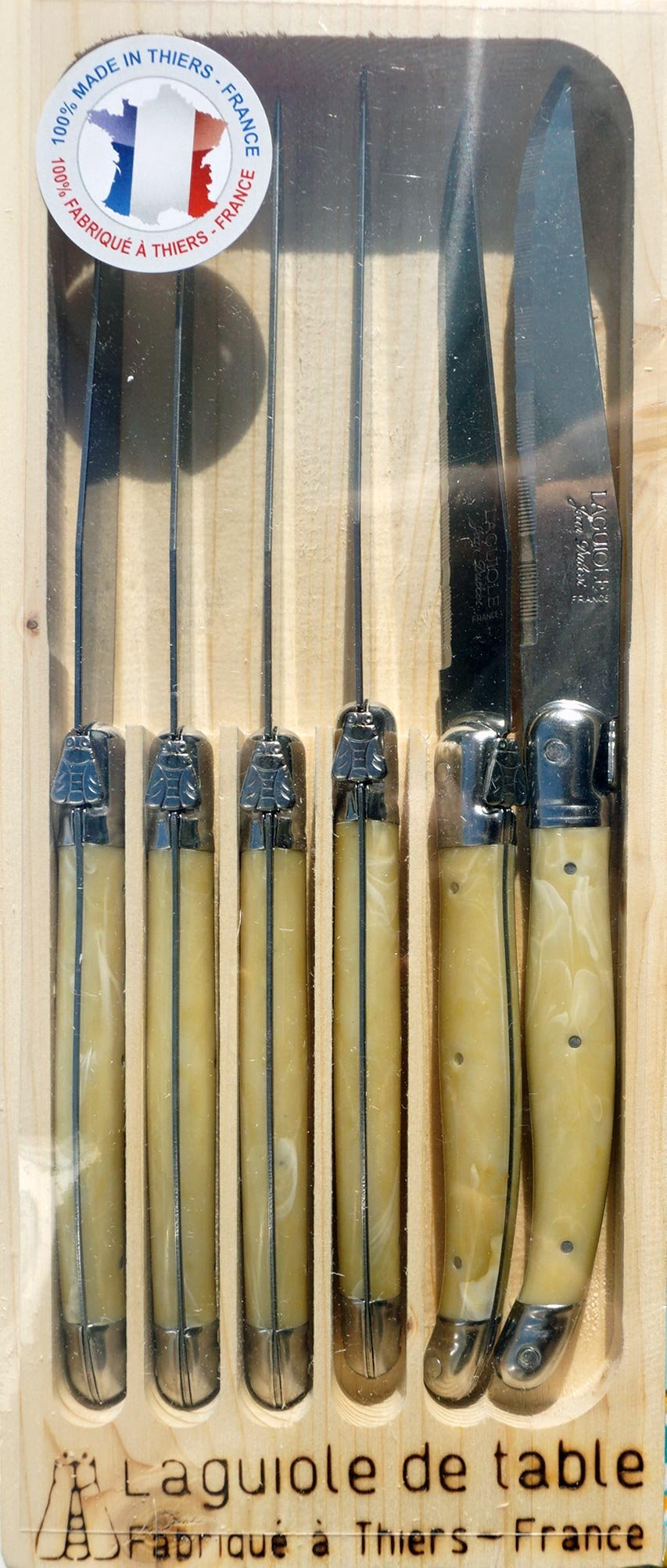 Jean Dubost Laguoile Stainless Steel Steak Knife Set of 6 with Off-White, Ivory Colored Handles