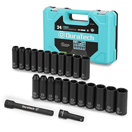 DURATECH 24-Piece Impact Socket Set, 1/2" Drive Deep Impact Socket Set with 2pcs 1/2-Inch Hexagon Extension Bars, Metric & SAE, Hard Case Included