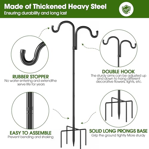 Double Shepherds Hooks for Outdoor,76" Heavy Duty Bird Feeder Pole with 5 Prong Base, Adjustable Shepherds Hook for Bird feeders Outside, Garden, Weddings, Hanging Plants