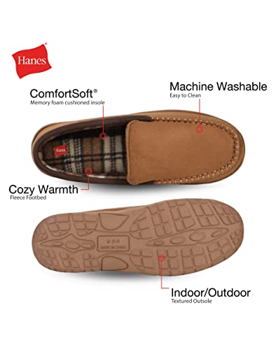 Hanes Mens Moccasin Slipper House Shoe With Indoor Outdoor Memory Foam Sole Fresh IQ Odor Protection , Tan , Large