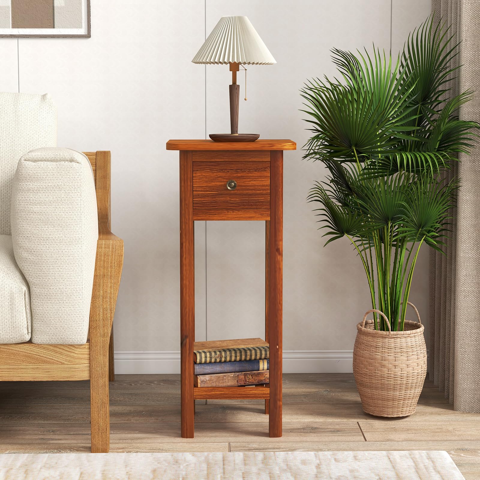 Giantex Narrow End Table with Drawer, Tall Acacia Wood Side Table with Bottom Shelf, Modern Bedside Tables, 2-Tier Nightstand for Small Spaces Bedroom Living Room, No Assemble Required, Brown