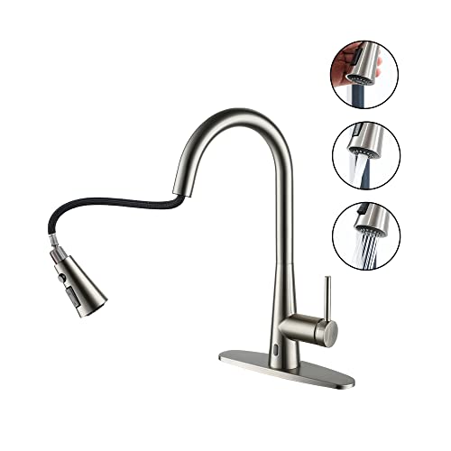 Brushed Nickel Touchless Motion Sensor Smart Hands-Free Kitchen Faucet Single Handle Kitchen Sink Faucet with Pull Down Sprayer