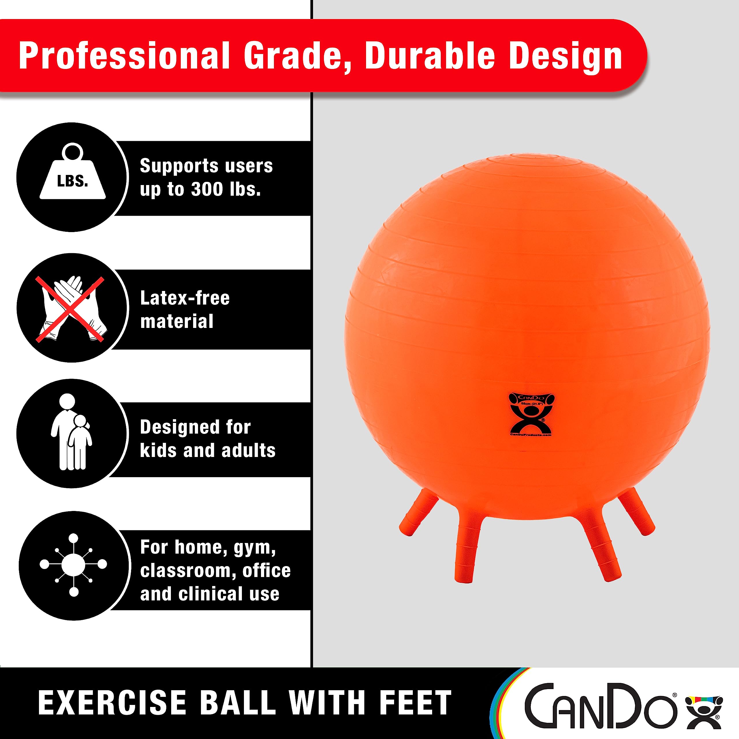 CanDo 30-1892 Non-Slip Inflatable Exercise Ball with Stability Feet Exercise, Workout, Core Training, Stability, Yoga, Pilates, Balance Training Gym, Office, Home, Classroom. Orange, 22"