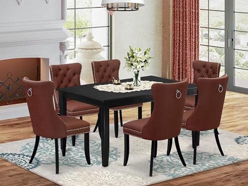 East West Furniture DUDA7-BLK-26 7 Piece Dining Room Table Set Includes a Rectangle Solid Wood Table and 6 Upholstered Parson Chairs, 36x60 Inch, Black