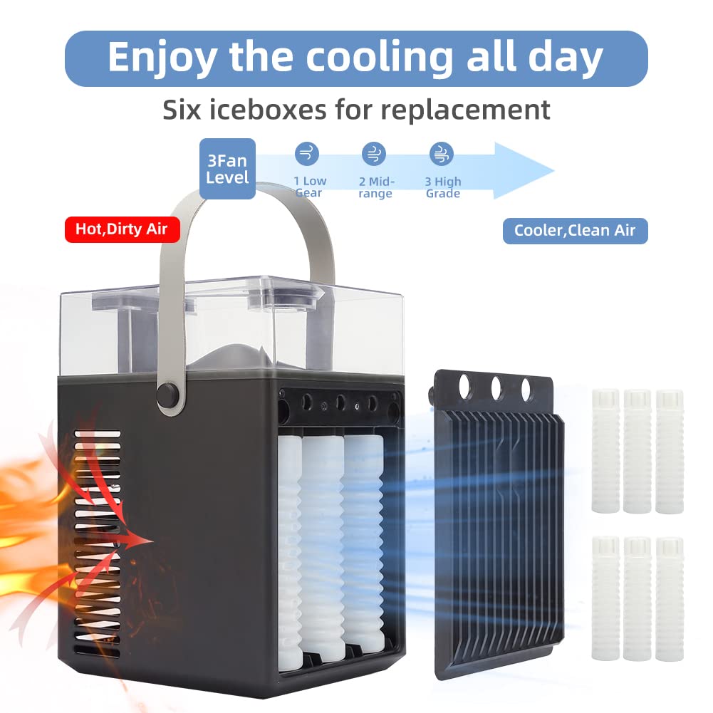 Portable Air Cooler Fan, Evaporative Air Cooler Rechargeable, Personal Air Conditioner with 6 Reusable Ice Boxes, Quiet Desk Fan with Air Humidifier and LED Night Light for Bedroom Camping Trip black-01