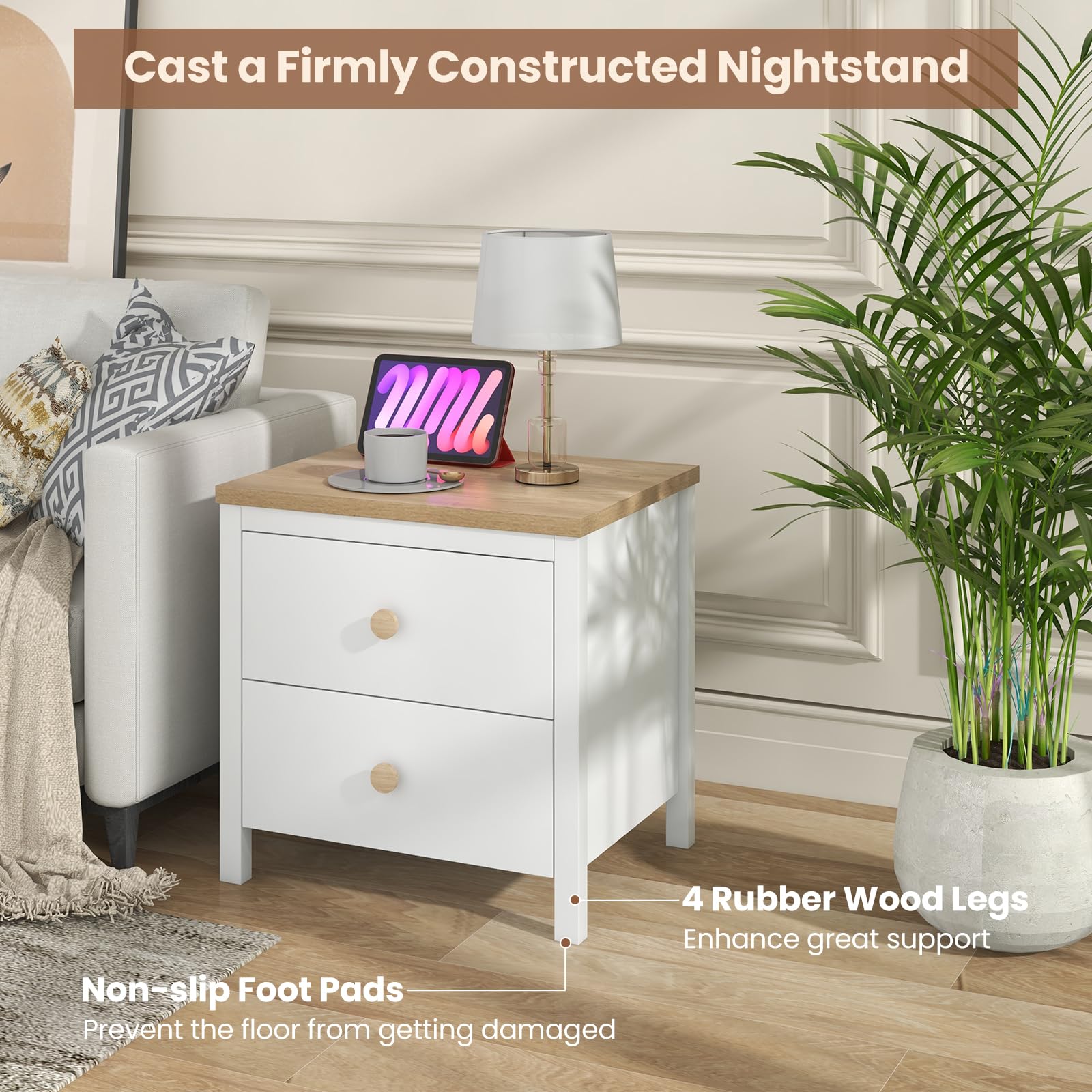 Giantex Night Stand with 2 Drawers, Farmhouse Bedside Table with Cute Round Knobs, Wooden Floor End Table with Rubber Wood Legs, Small Sofa Side Table for Small Space Kids Bedroom College, White